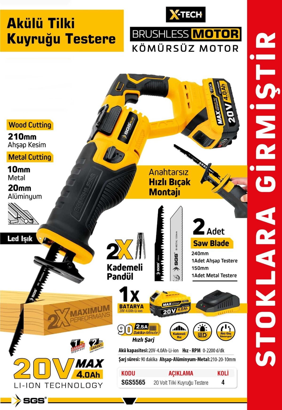 SGS 5565 Akülü Tilki Kuyruğu Testere Seti 20V - 4,0 Ah x 185 mm Fiyatı